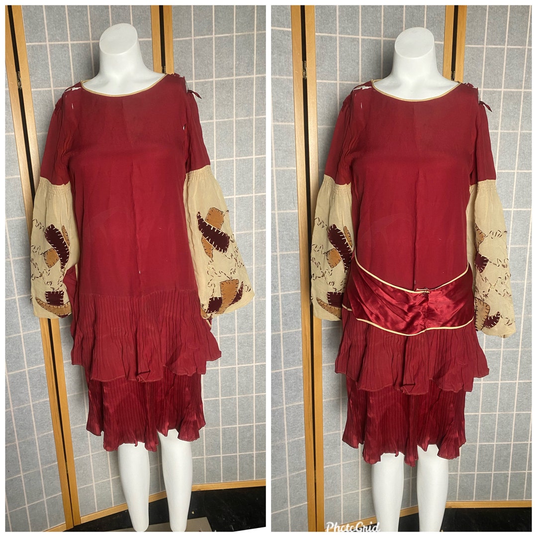 Vintage Antique 1920’s Maroon Red Silk Flapper Dress With Puffy ...