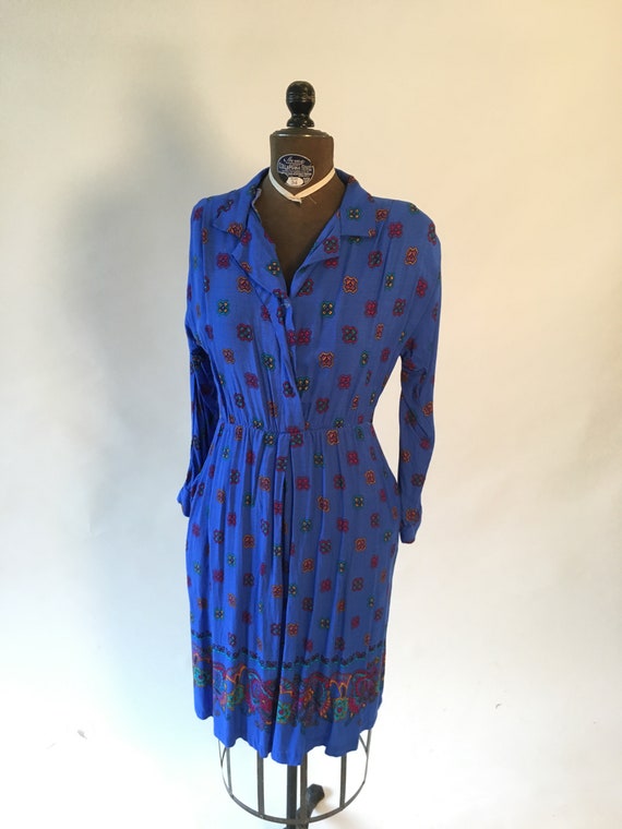 Vintage 1970s 1980s Blue and Floral Long Sleeve Dress… - Gem