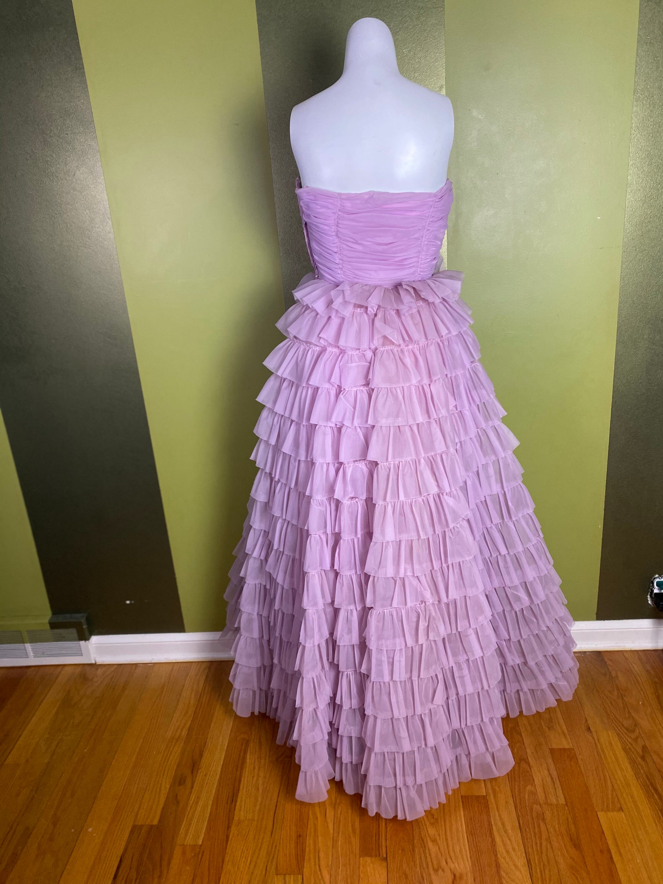 Vintage 1950’s Purple Strapless Ruffle Tulle Tiered Full Length Ball ...
