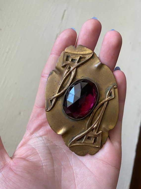 Vintage antique large brass brooch with purple glass … - Gem