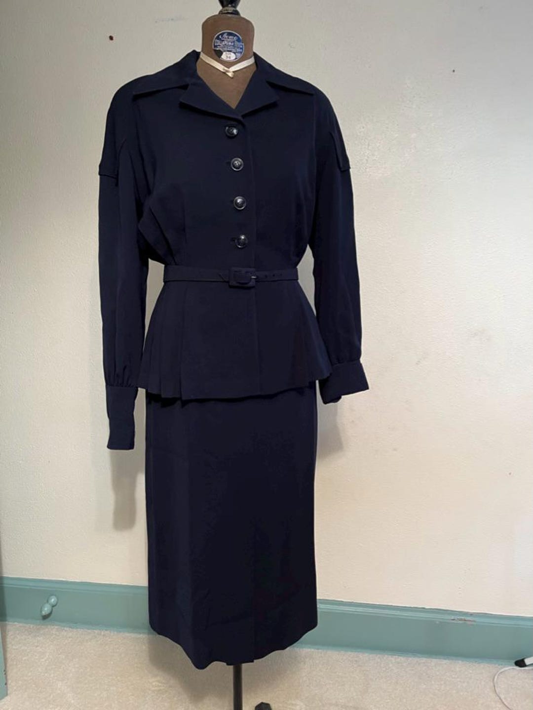 1940's Forstmann Beautiful Navy Blue Wool Suit With Straight Skirt and ...