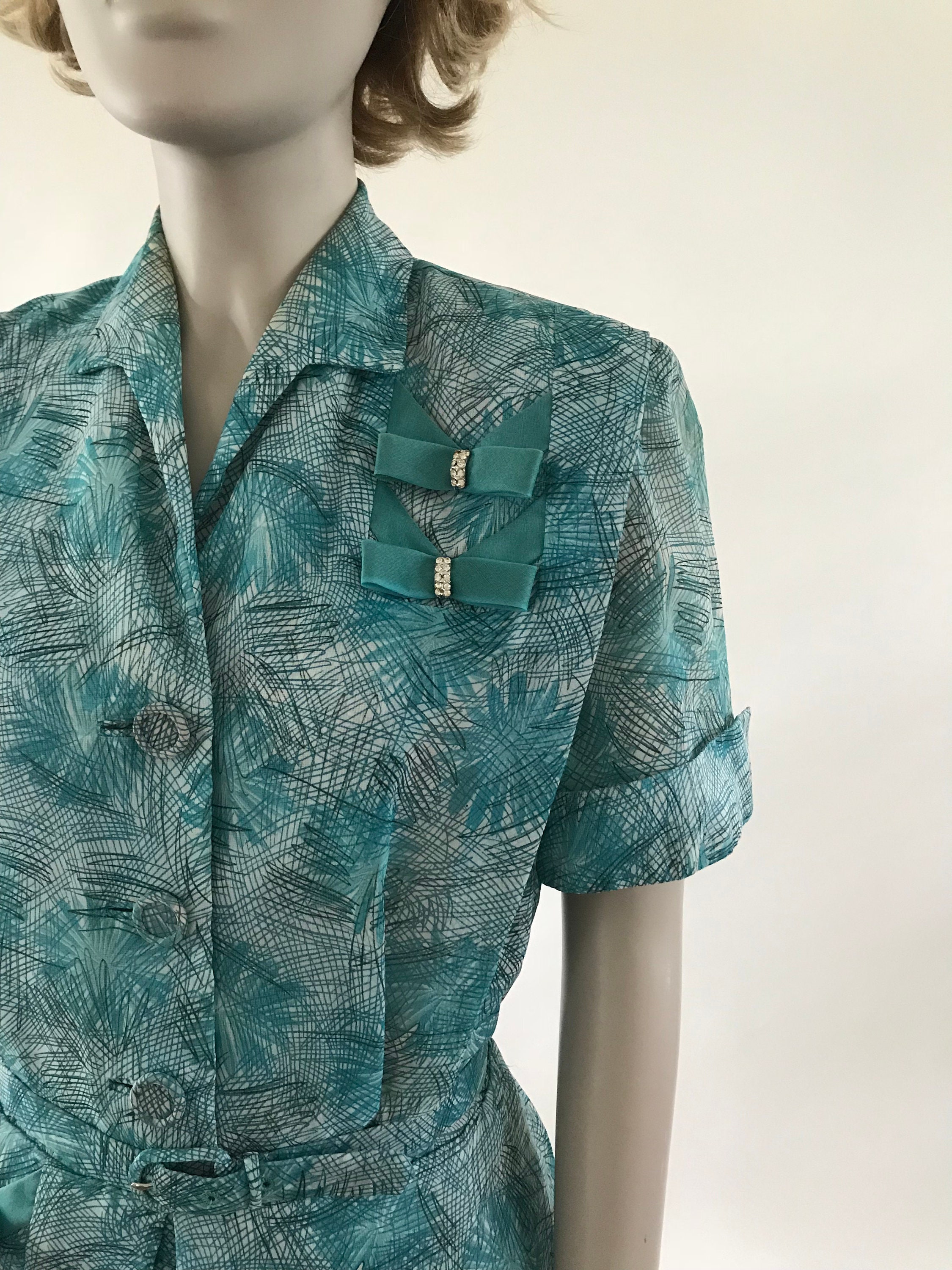 Vintage 1950s Bright Blue Pattern Dress With Collar, Front Peplum, and ...