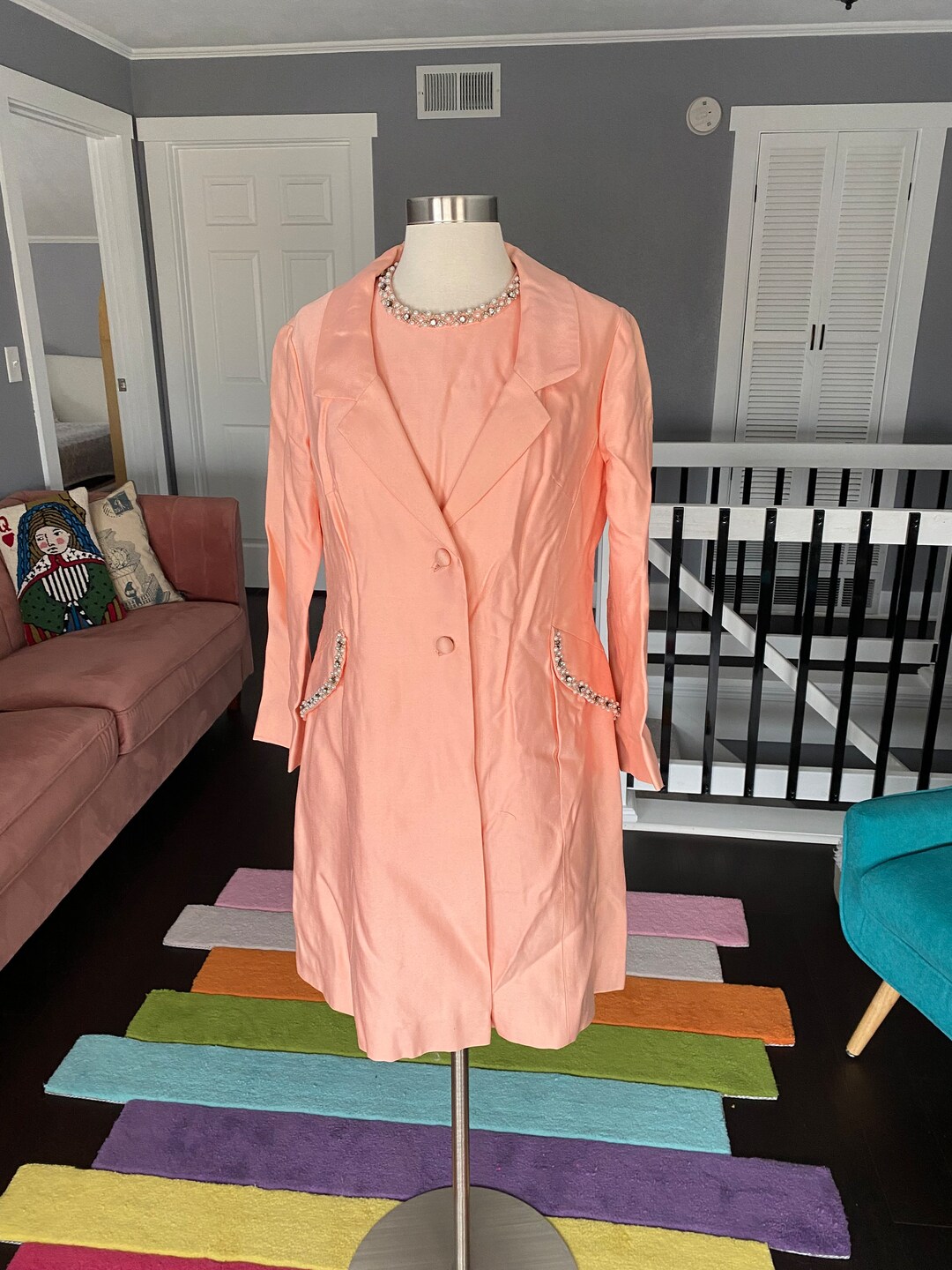 Vintage 1960’s Pink Shift Party Dress With Matching Jacket, Rhinestones ...