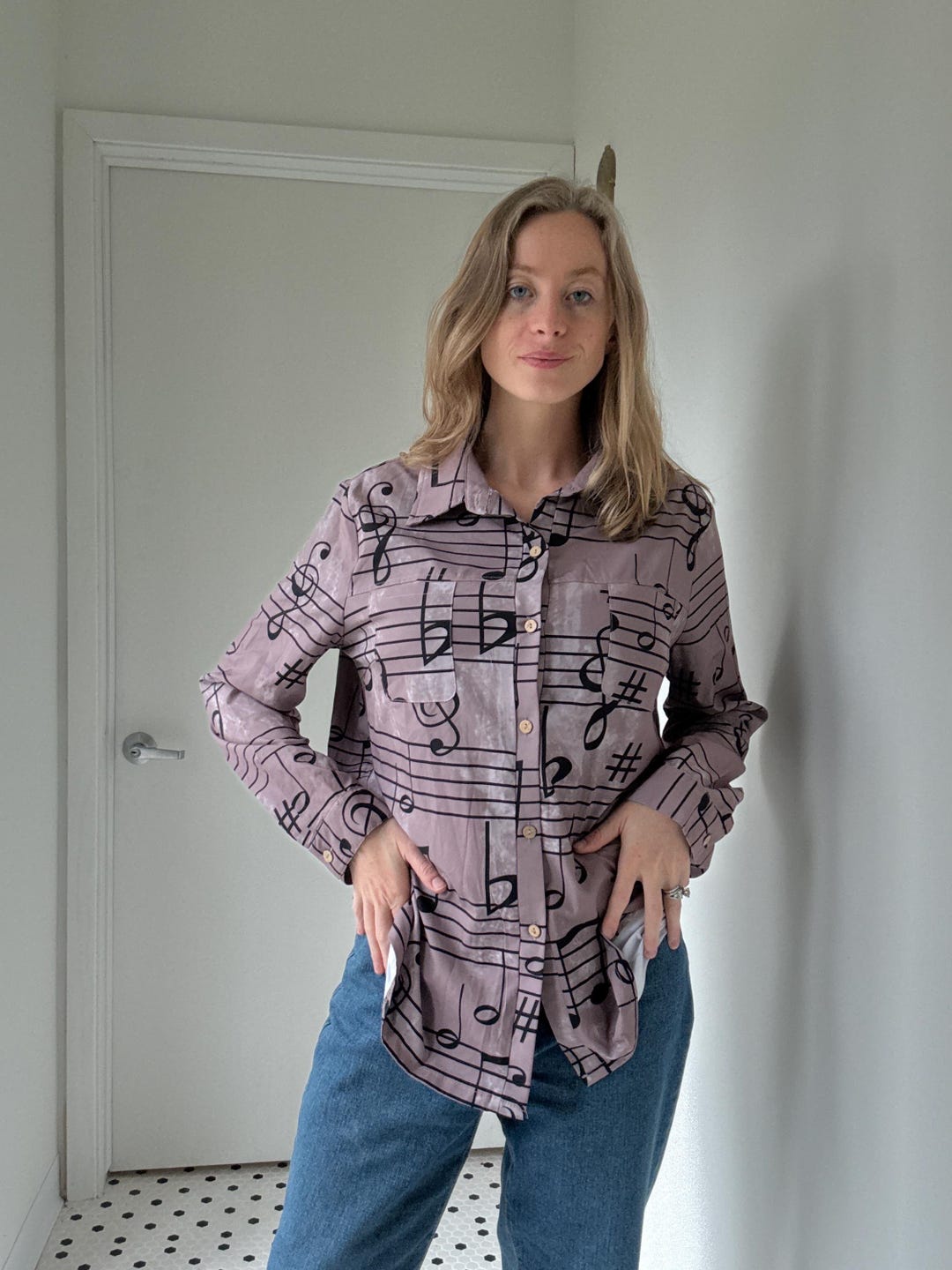 Y2K Grey Brown Sheet Music Long Sleeve Button Up, Size Large - Etsy