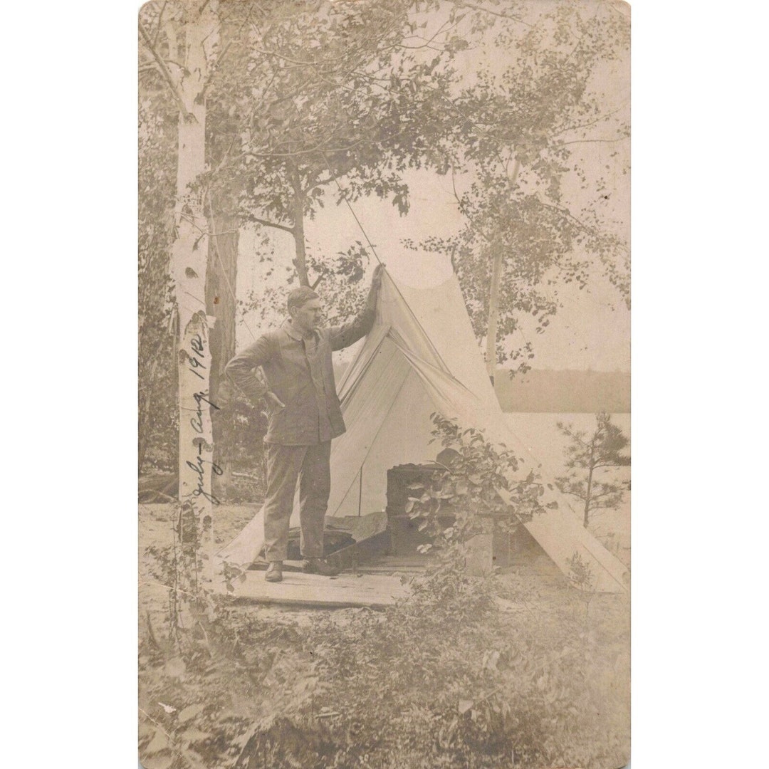 1912 RPPC Park Ranger Camping Standing Tent Lake Real Photo / 10C1-420 ...