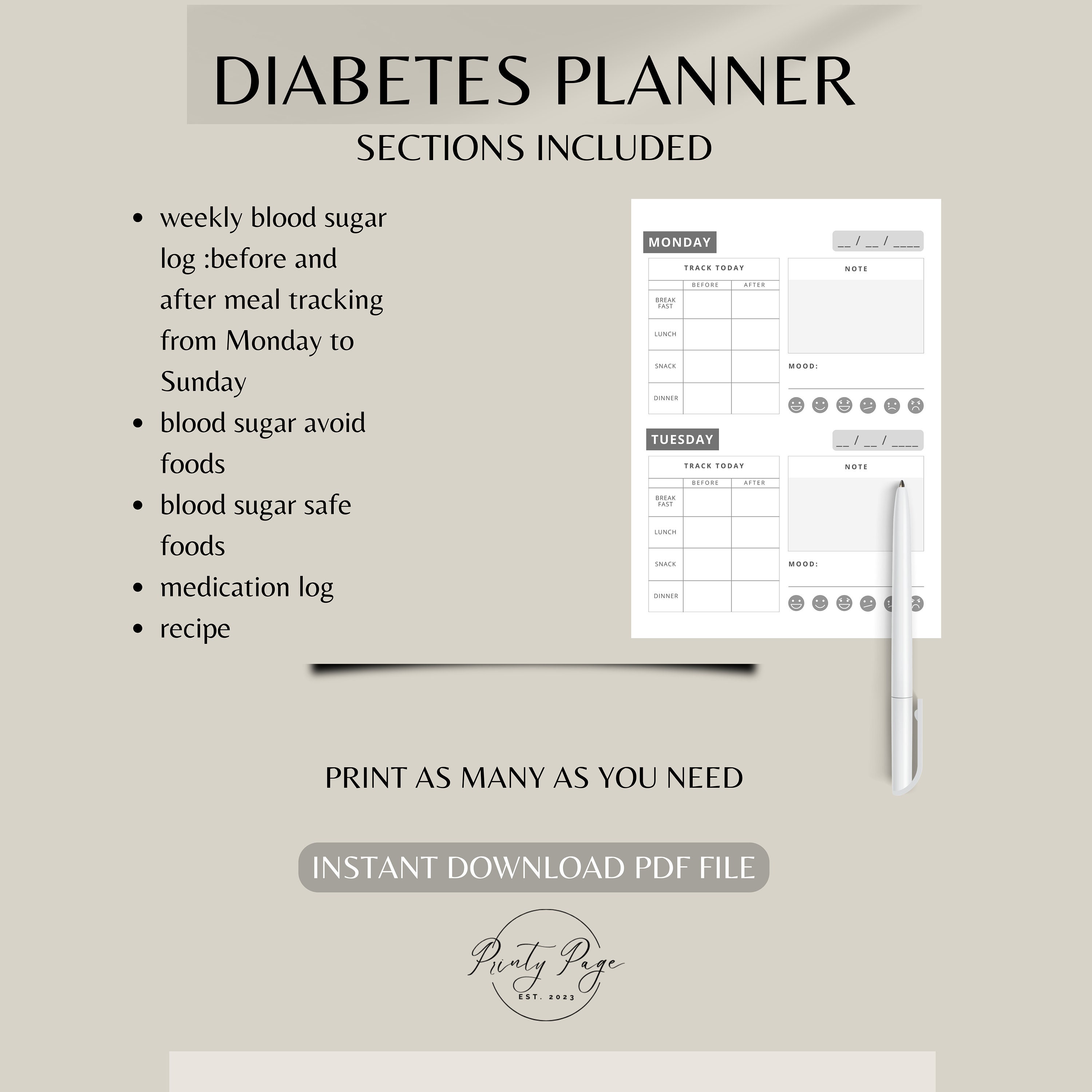 Diabetes Planner Daily Planner Printable - Etsy