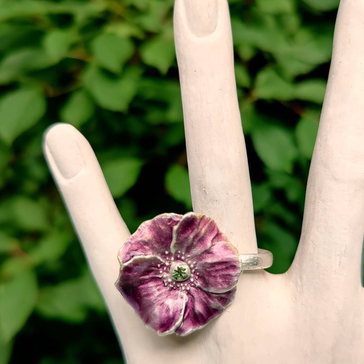 Opium Poppy Ring, Pink-violet Enameled Poppy Ring Made of Recycled 925 ...