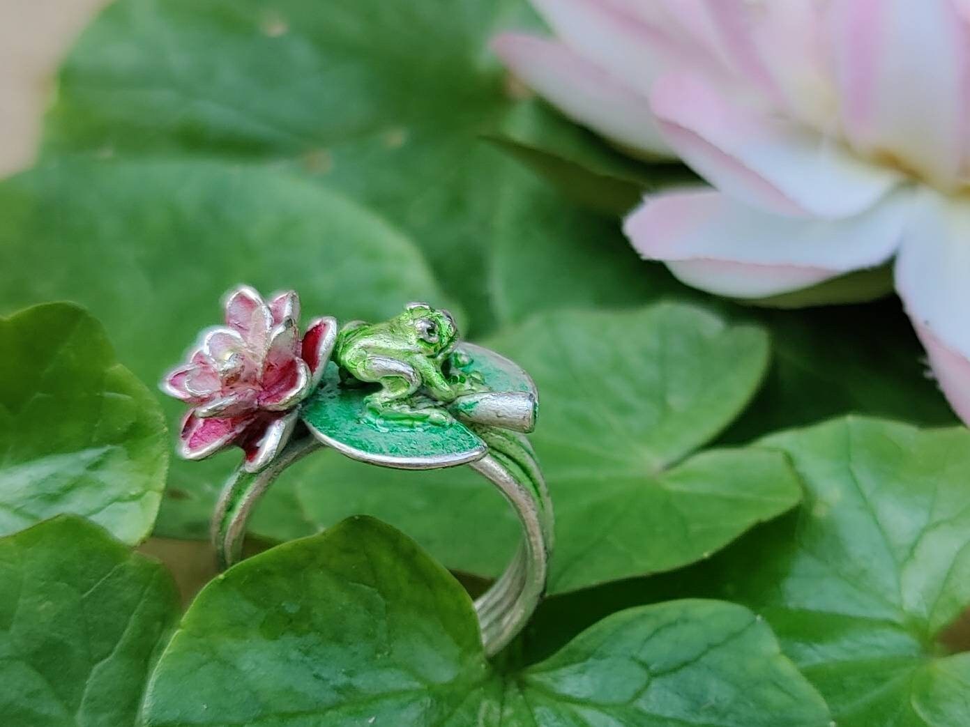Frog Prince Ring, With Water Lily and Golden Ball, Iris Frog Prince Ring, With Water Lily and Golden Ball, Iris