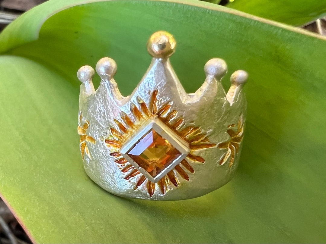 Sun Queen, Silver Crown Ring With Bright Citrine Carree and Golden Ball ...
