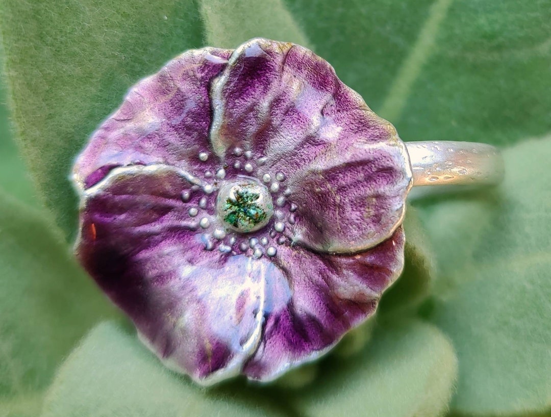 Opium Poppy Ring, Pink-violet Enameled Poppy Ring Made of Recycled 925 ...