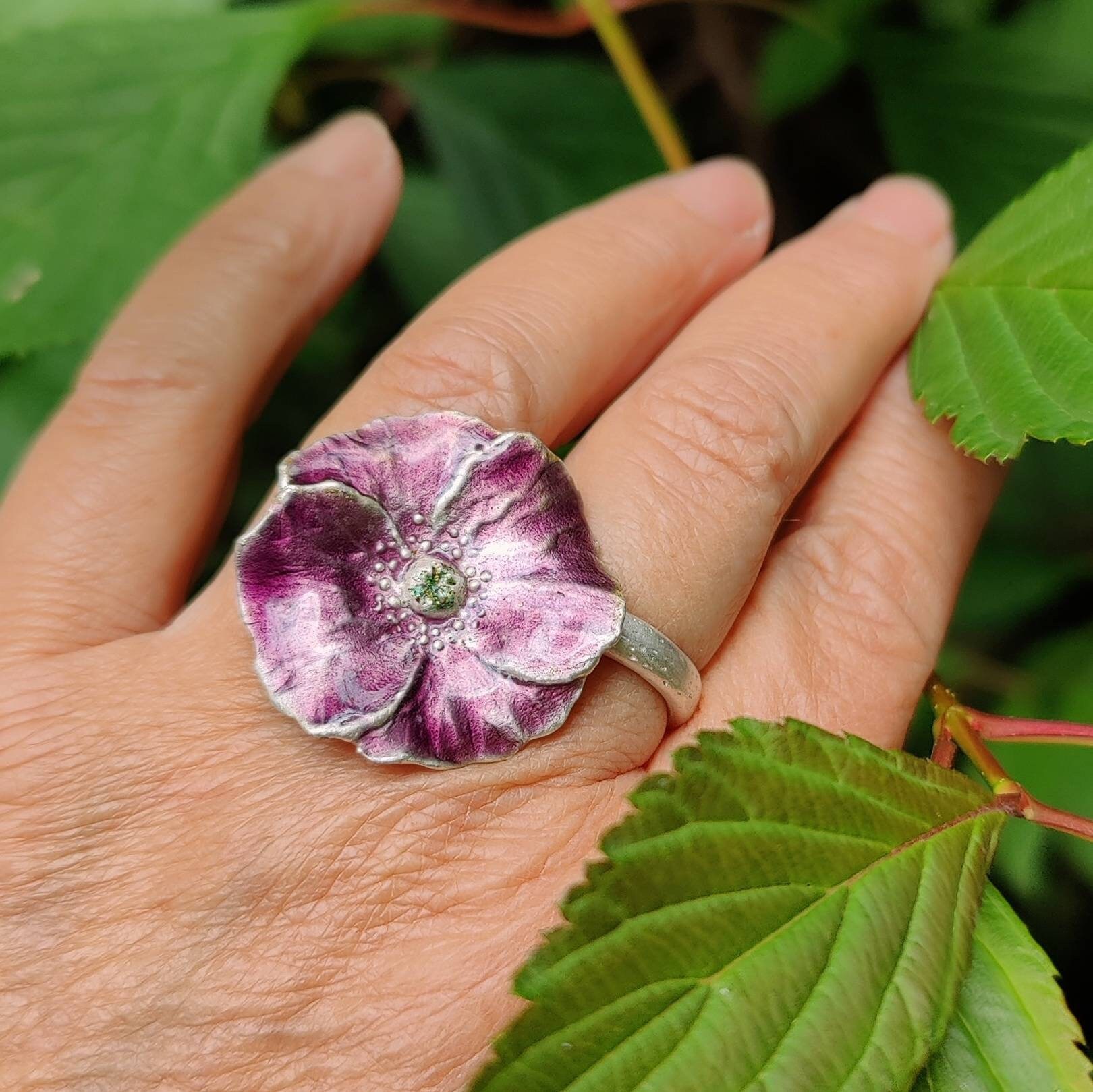 Opium Poppy Ring, Pink-violet Enameled Poppy Ring Made of Recycled 925 ...
