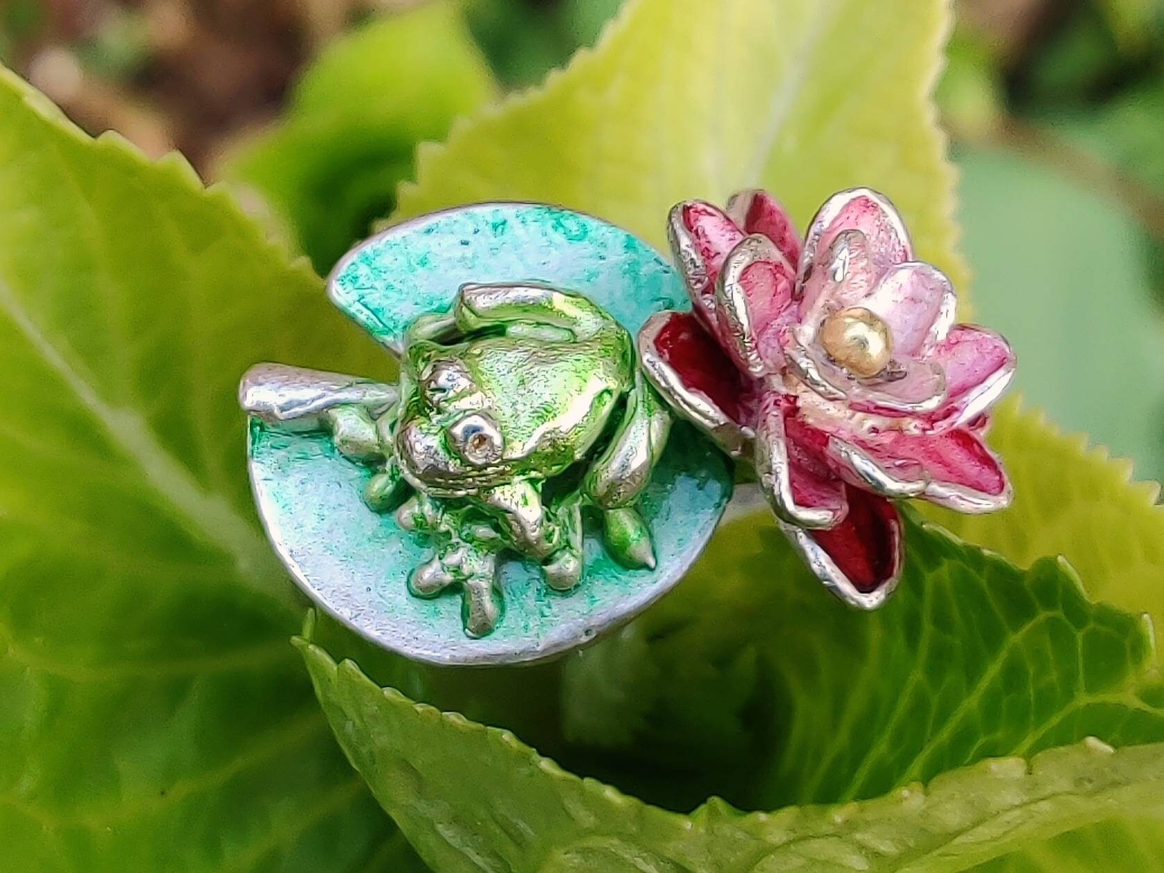 Frog Prince Ring, With Water Lily and Golden Ball, Iris Frog Prince Ring, With Water Lily and Golden Ball, Iris