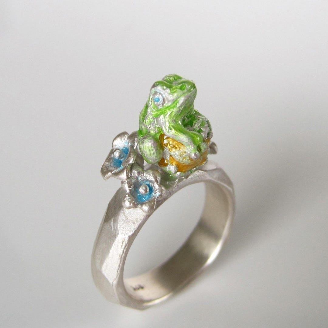 Frog Prince Between Lilies, Unique Ring Made of Transparent Enamelled ...