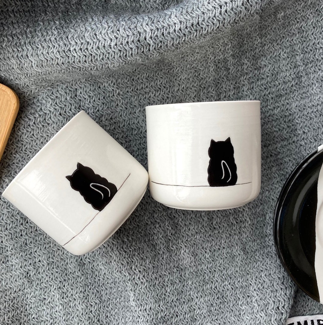 Ceramic Cat Espresso Cups Set: Handmade Pottery, Black Cat Lover Gift ...