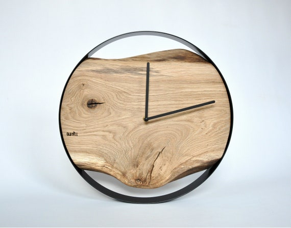 LOFT Clock Oak Round Black Steel Rim Old Wood Design | Etsy