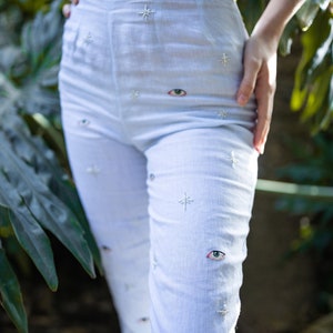 Hand Embroidered Eyes Linen Pants - Etsy