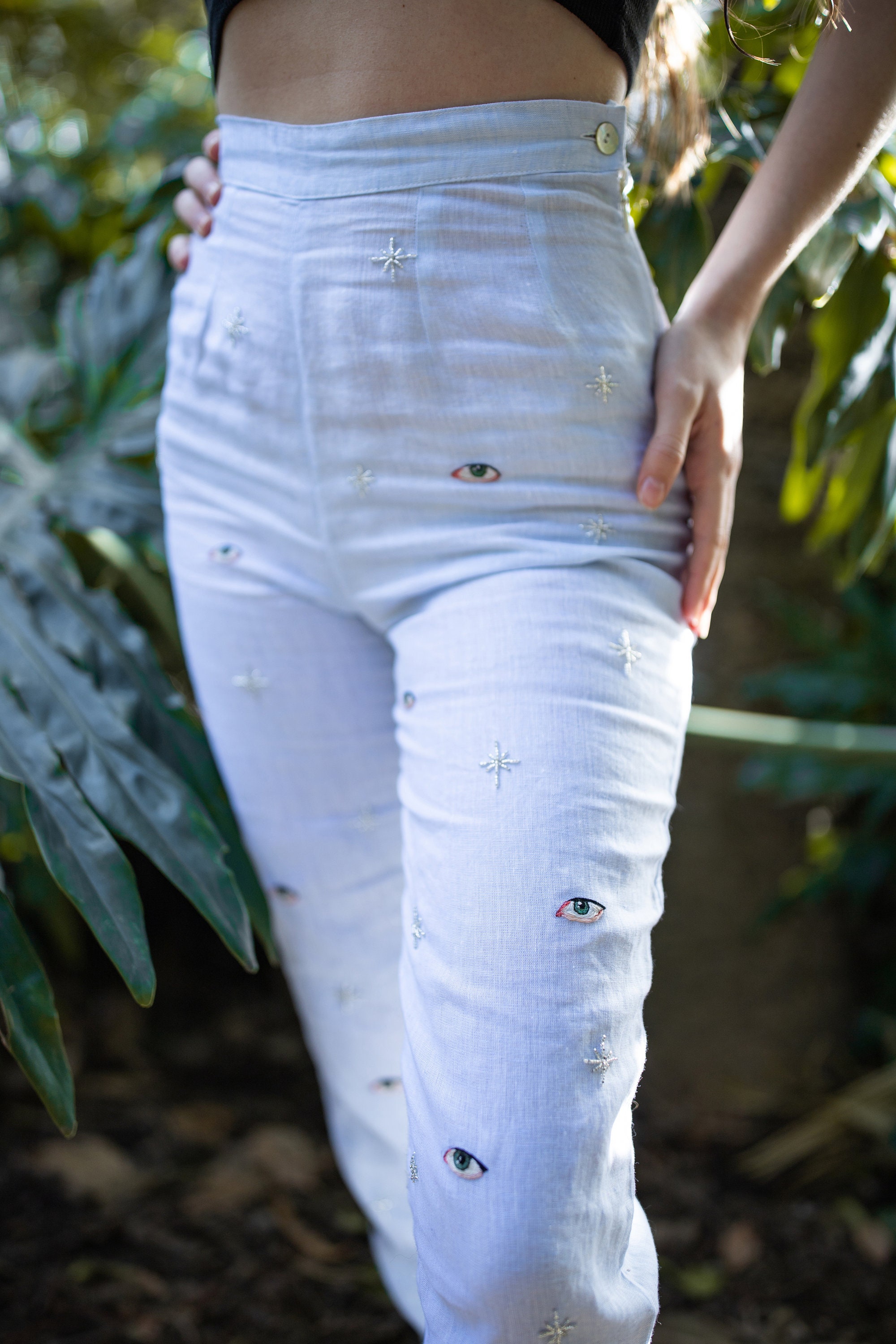 Hand Embroidered Eyes Linen Pants - Etsy