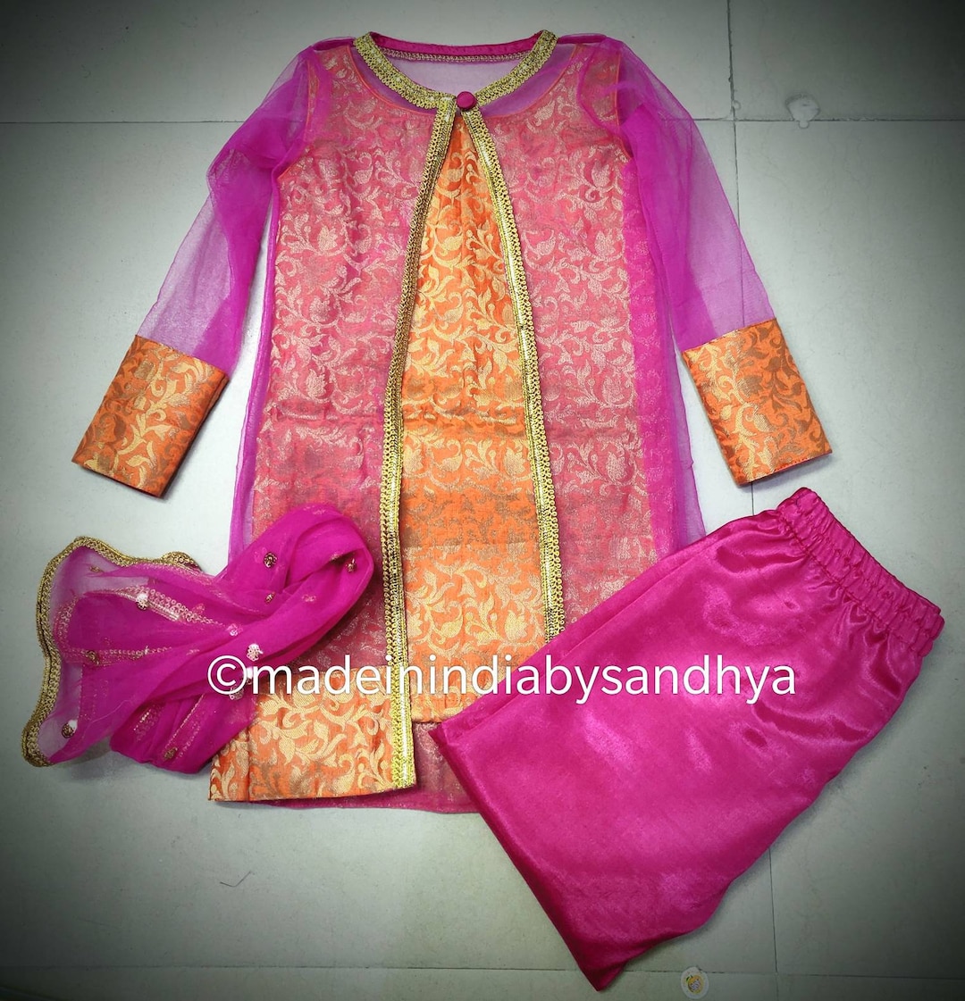 Kids Kameez Jacket Pant Dupatta Set Indian Ethnic Girls Wedding Party ...