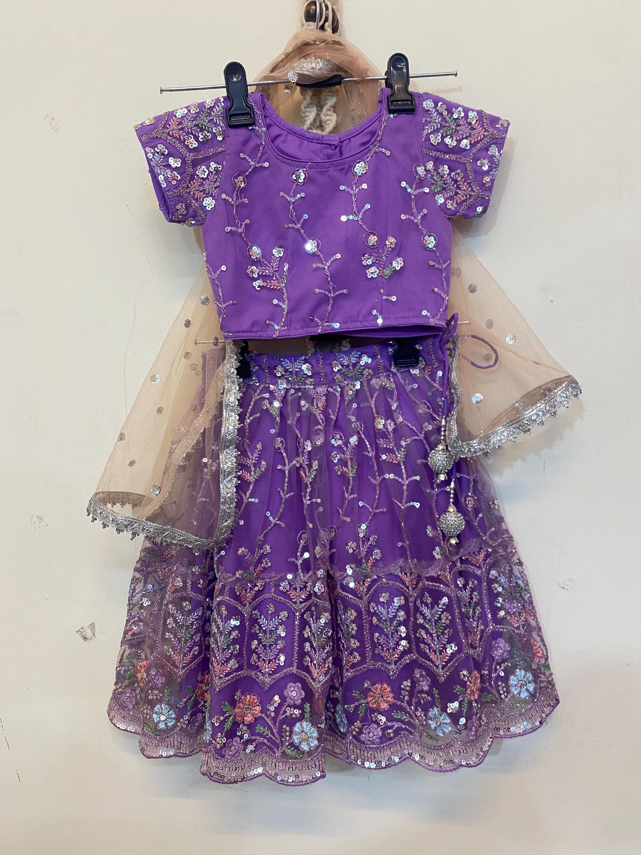 Lilac Kids Lehenga Indian Wear for Girls Embroidered Net Lengha - Etsy