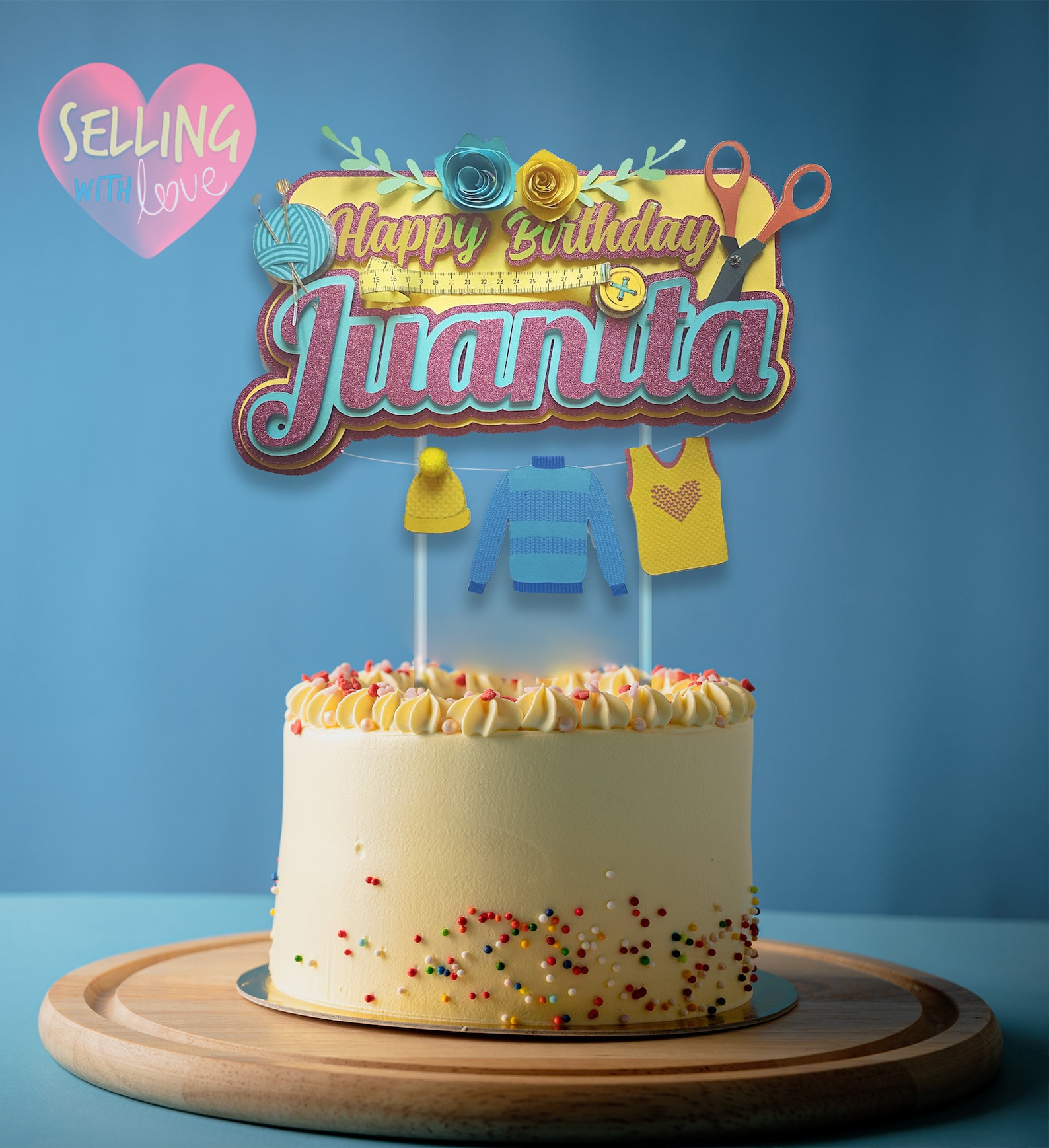 Topper de pastel personalizado con diseño de costura | Etsy