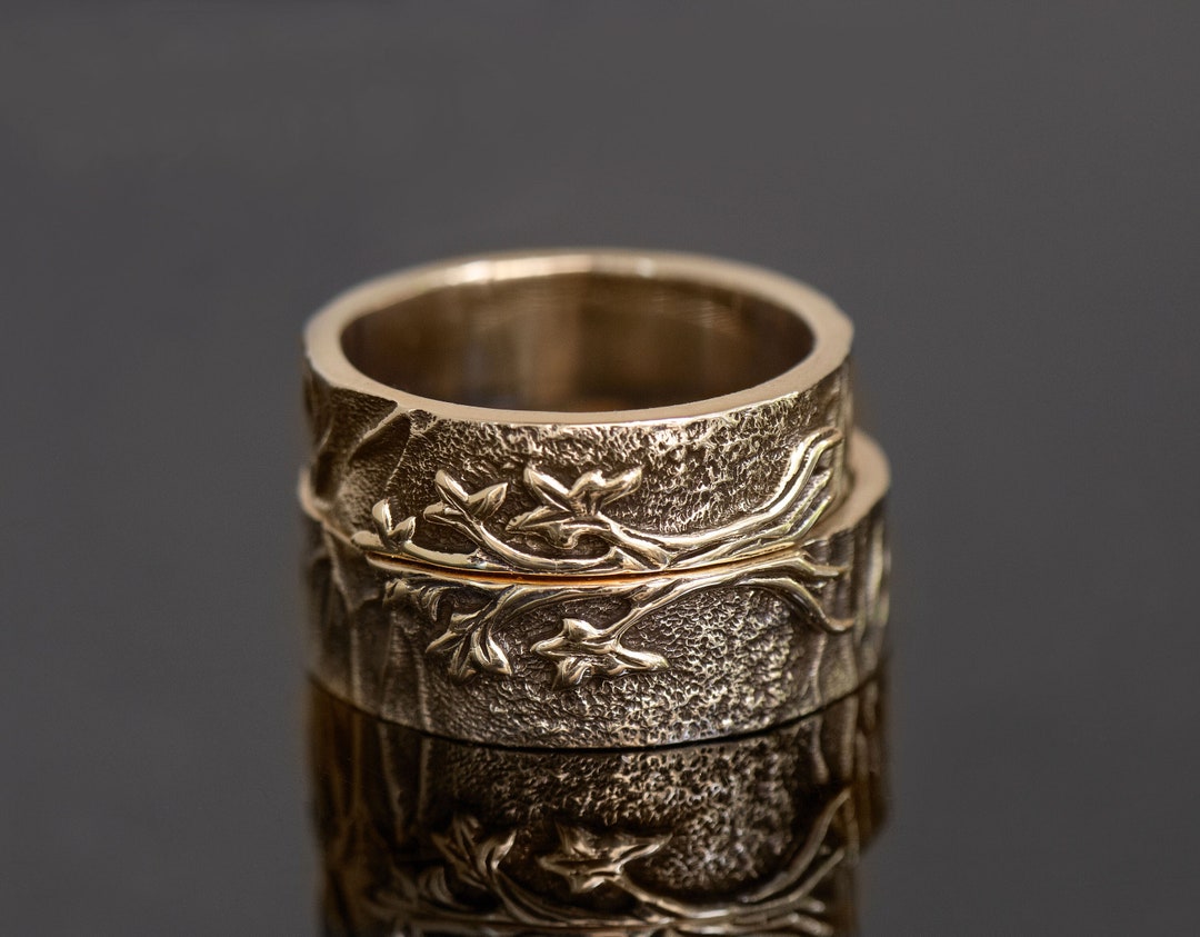 Tree Wedding Band Set, Matching Tree Bands, Tree Rings Set, His and Her ...