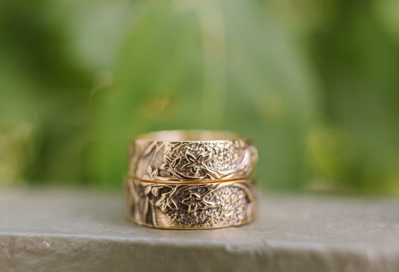 Tree Wedding Band Set Matching Tree Bands Tree Rings Set - Etsy