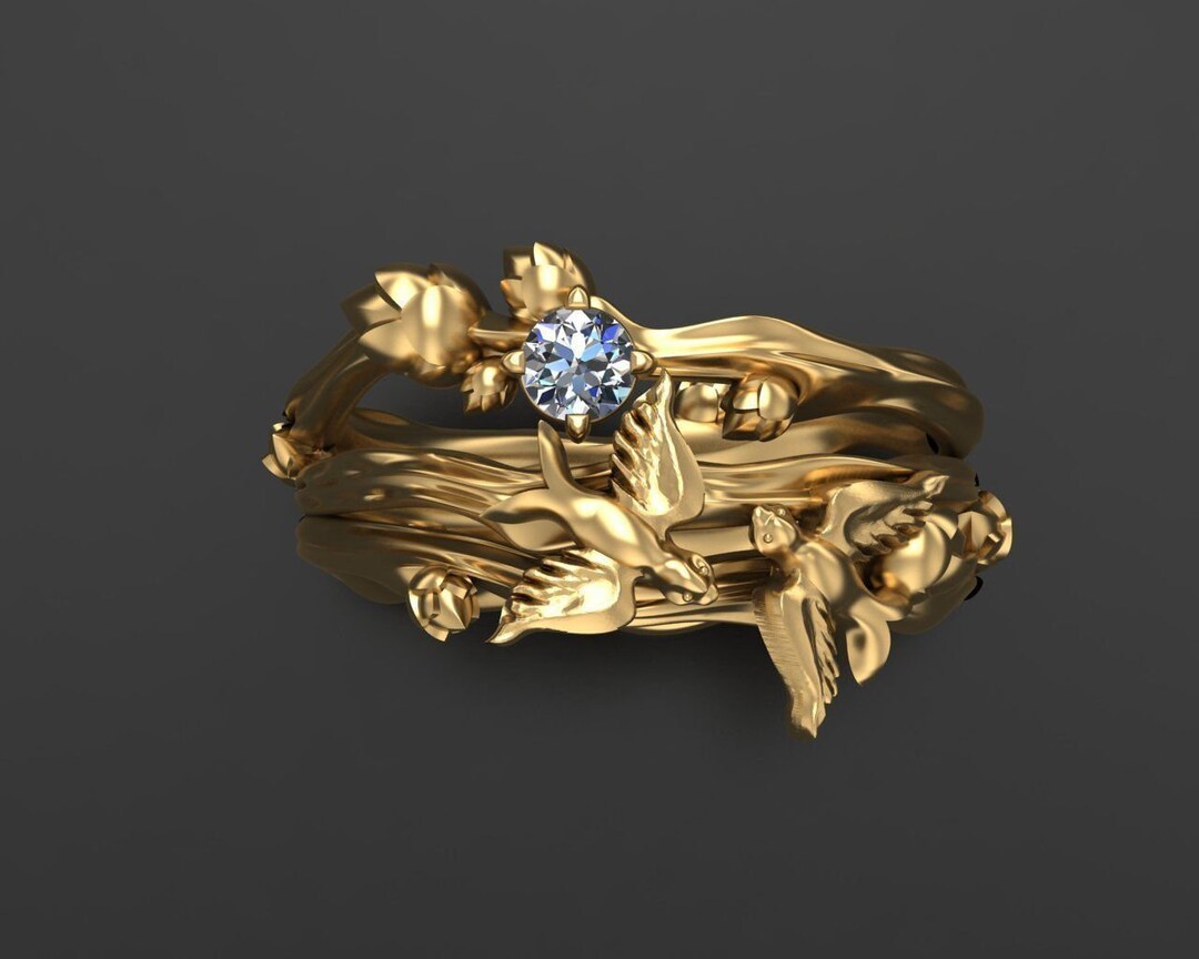 Diamond Wedding Tree Twig Ring With Birds ** Gold,twig Ring, Forest ...