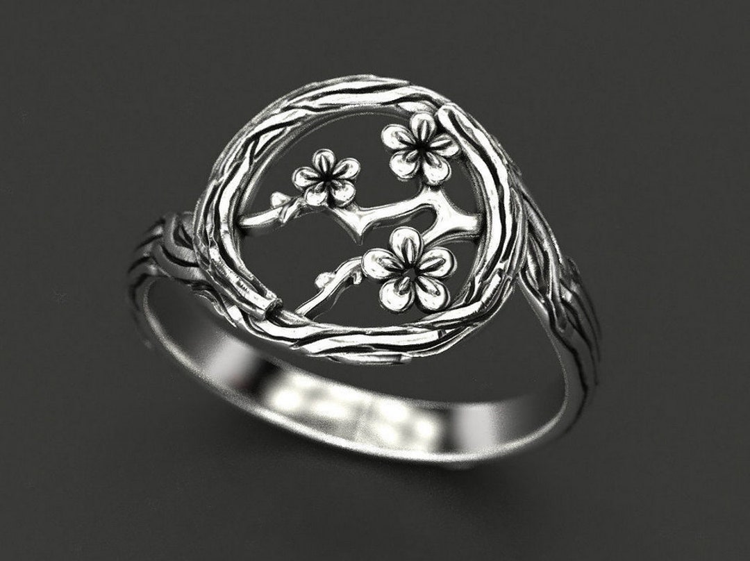 Sakura Tree Ring, Cherry Blossom, Silver or 14k/18k Gold, Nature Ring ...