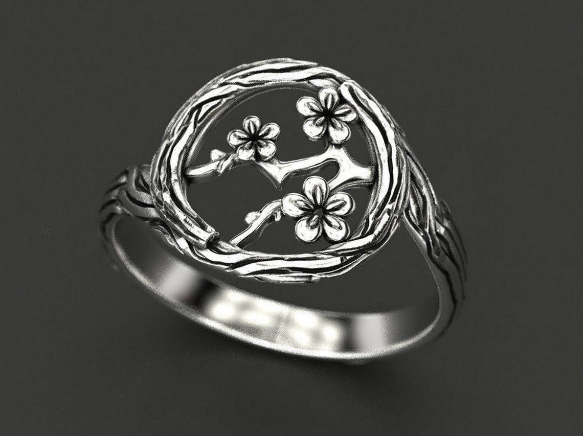 Sakura Tree Ring Cherry Blossom Silver or 14k/18k Gold | Etsy