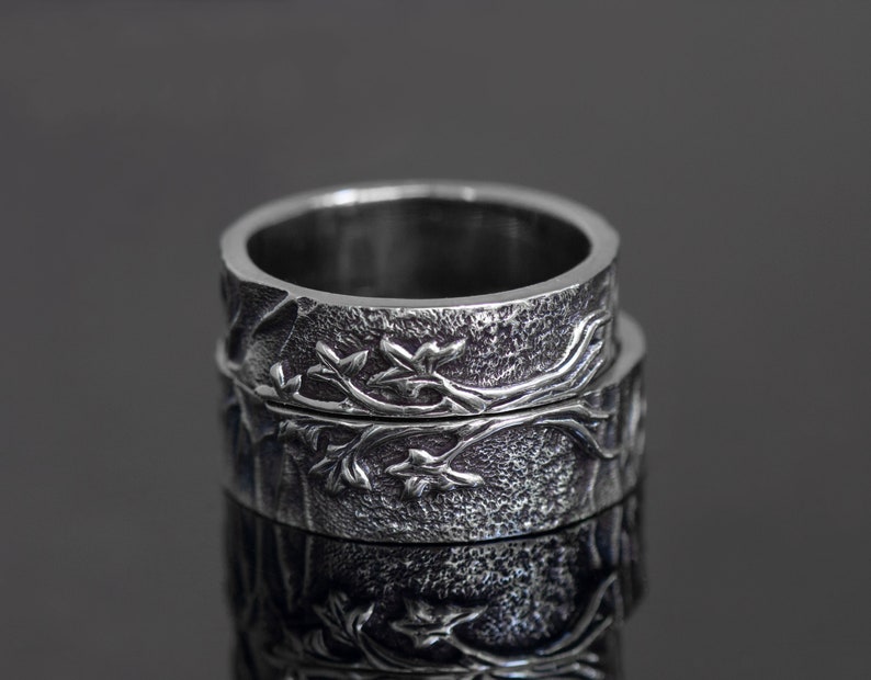 Tree Wedding Band Set Matching Tree Bands Tree Rings Set - Etsy