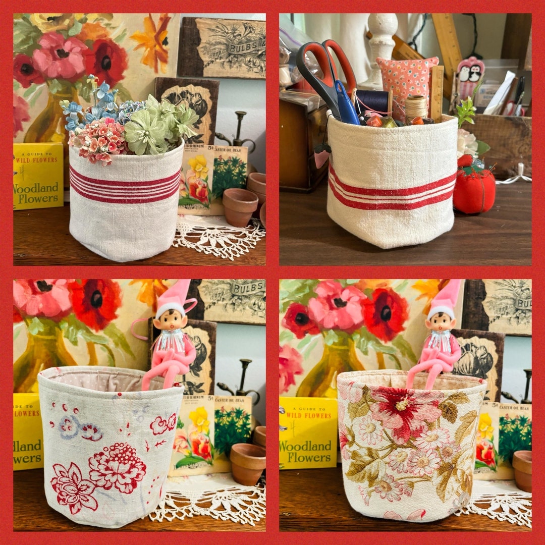 Fabric Basket, French Linens, Vintage Linens, Upcycled Linens, Craft ...