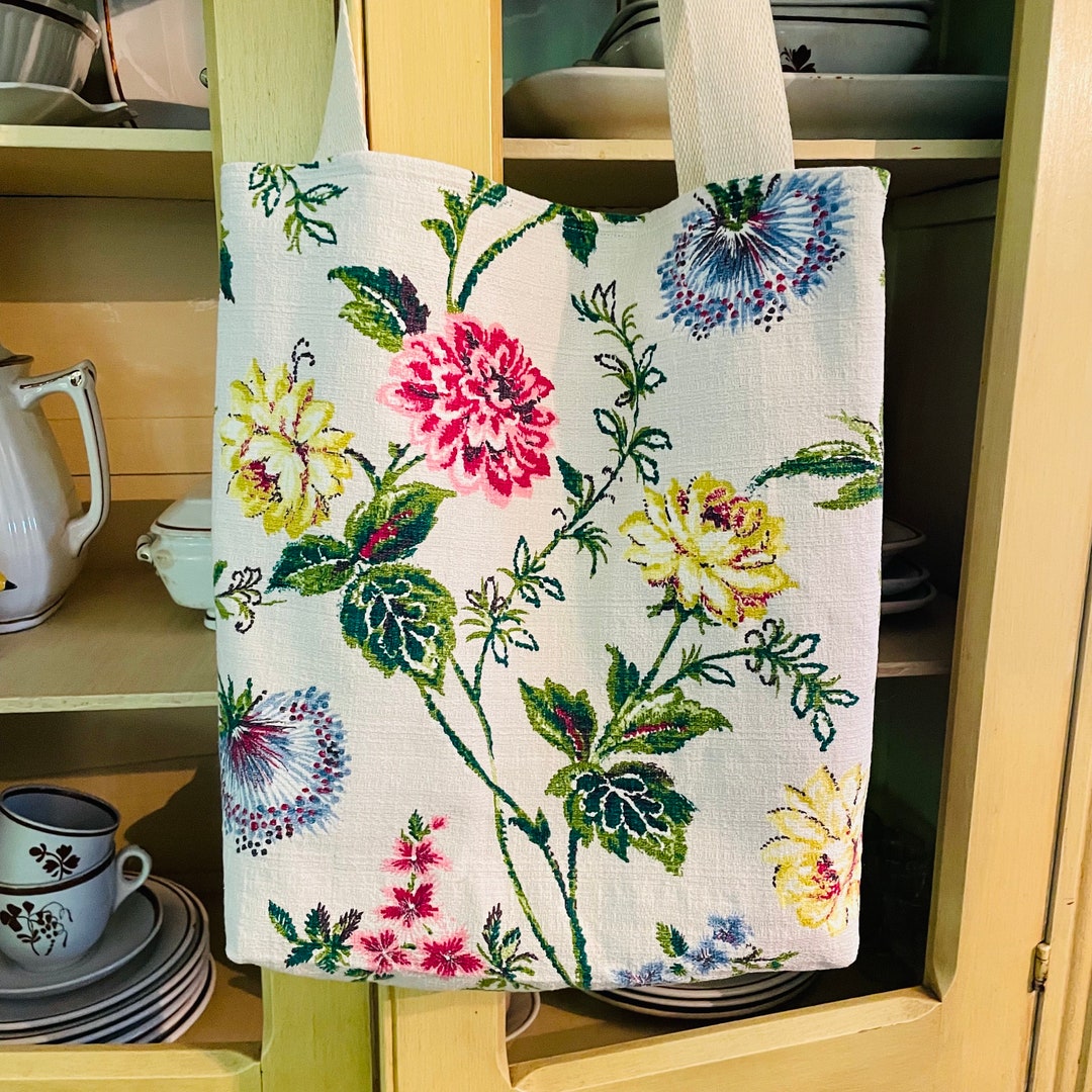 Barkcloth Tote Bag, Vintage Barkcloth, Floral Barkcloth, Shopping Bag ...