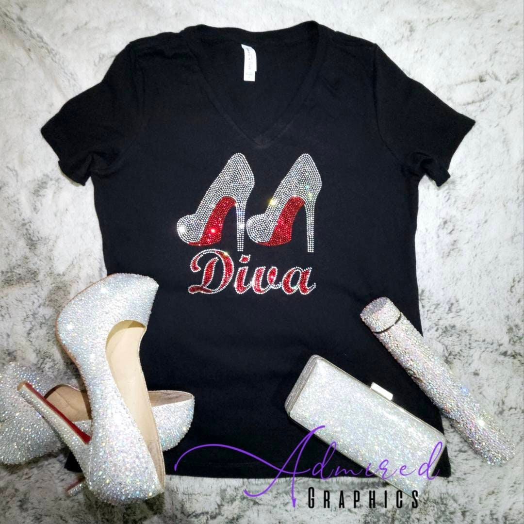 Diva Tee, Red Bottoms Diva Tee Shirt, High Heels Diva Sparkled Tee, Rhinestone Tee - Etsy