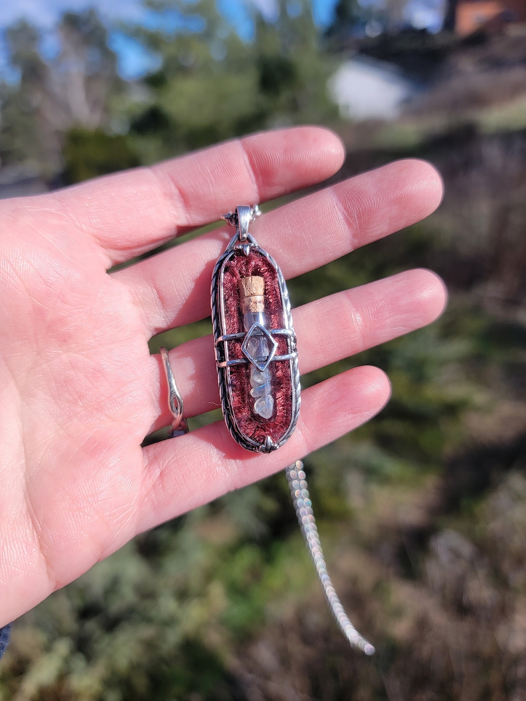 Sterling Silver, Red Velvet, Glass Vial, Reliquary Pendant, Labradorite ...