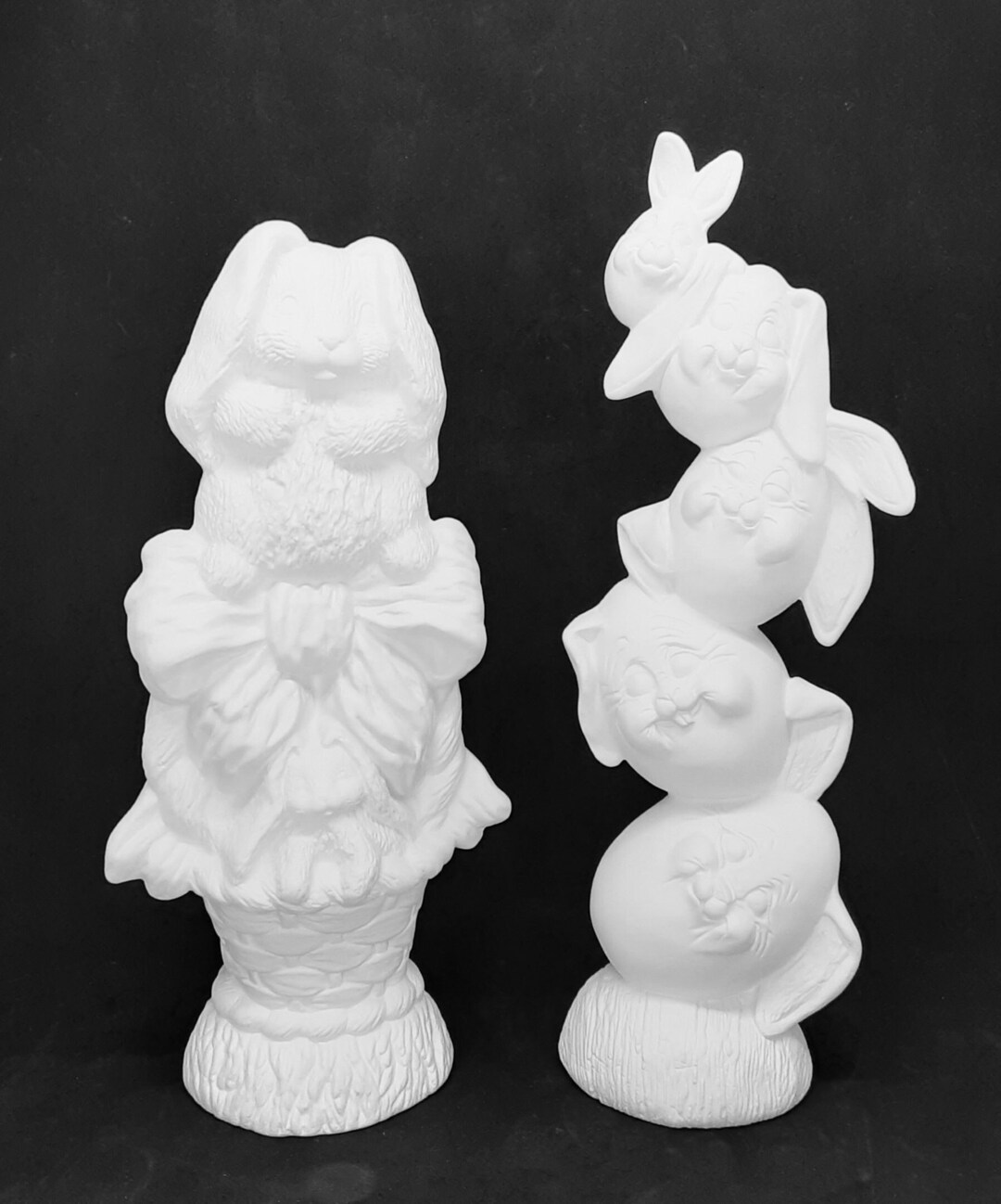 Two Easter Bisque -bunnies in Basket Stack & Bunny Egg Stack - Ceramic ...