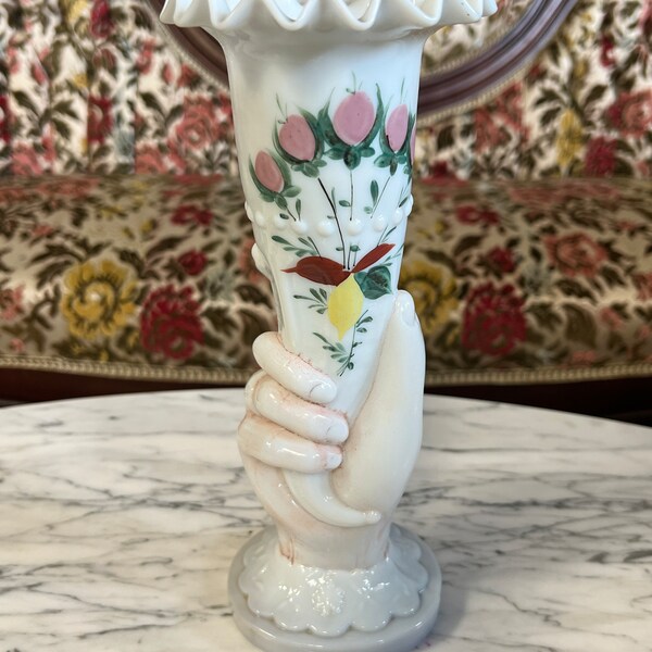Victorian Hand Painted Milk Glass Vase - Etsy