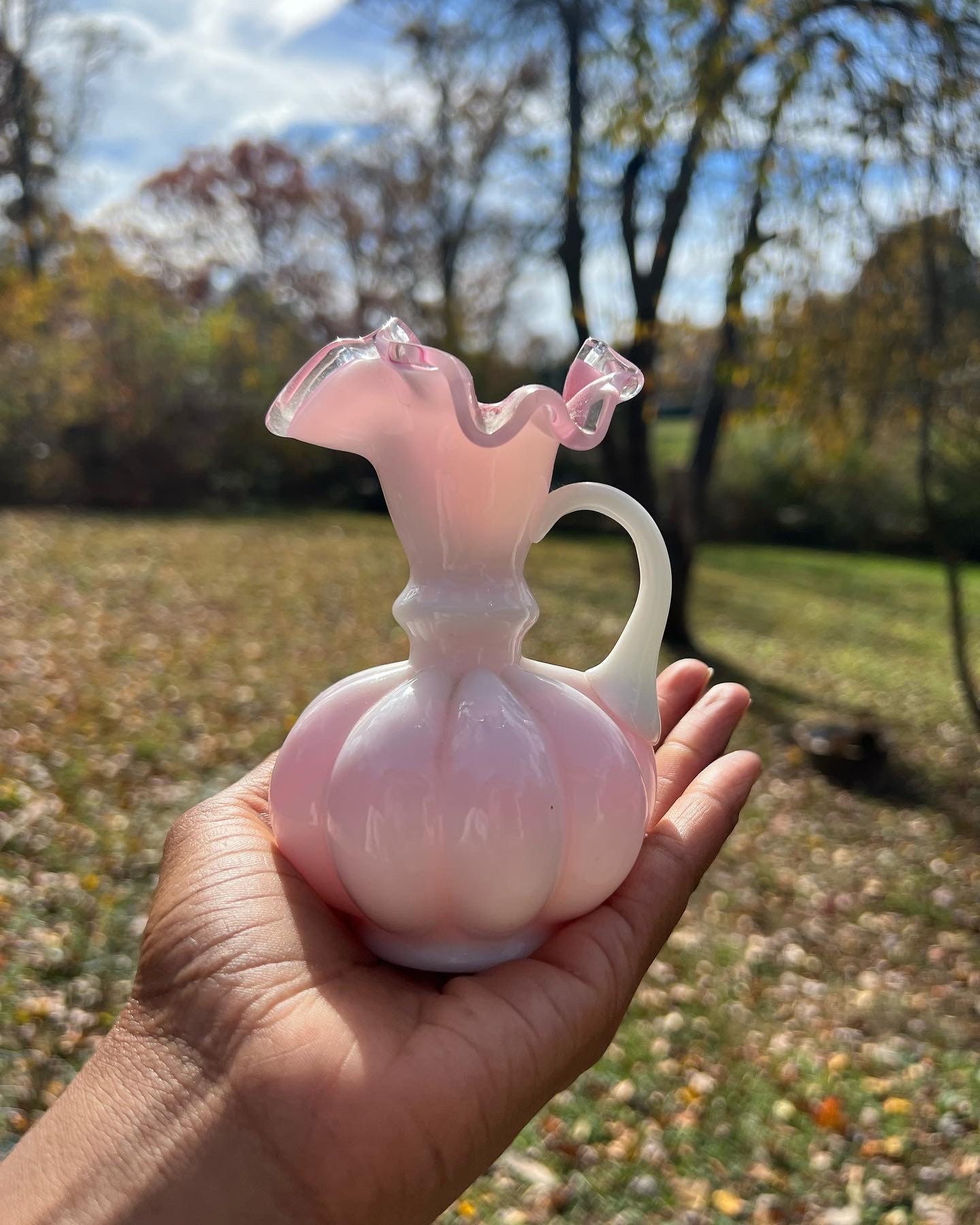 Small Fenton Pink and White Melon Style Pitcher Vase With - Etsy