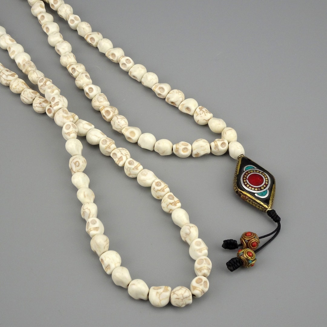 108 White Howlite Skull Japa Mala Beads, Skull Necklace, Long Skull ...