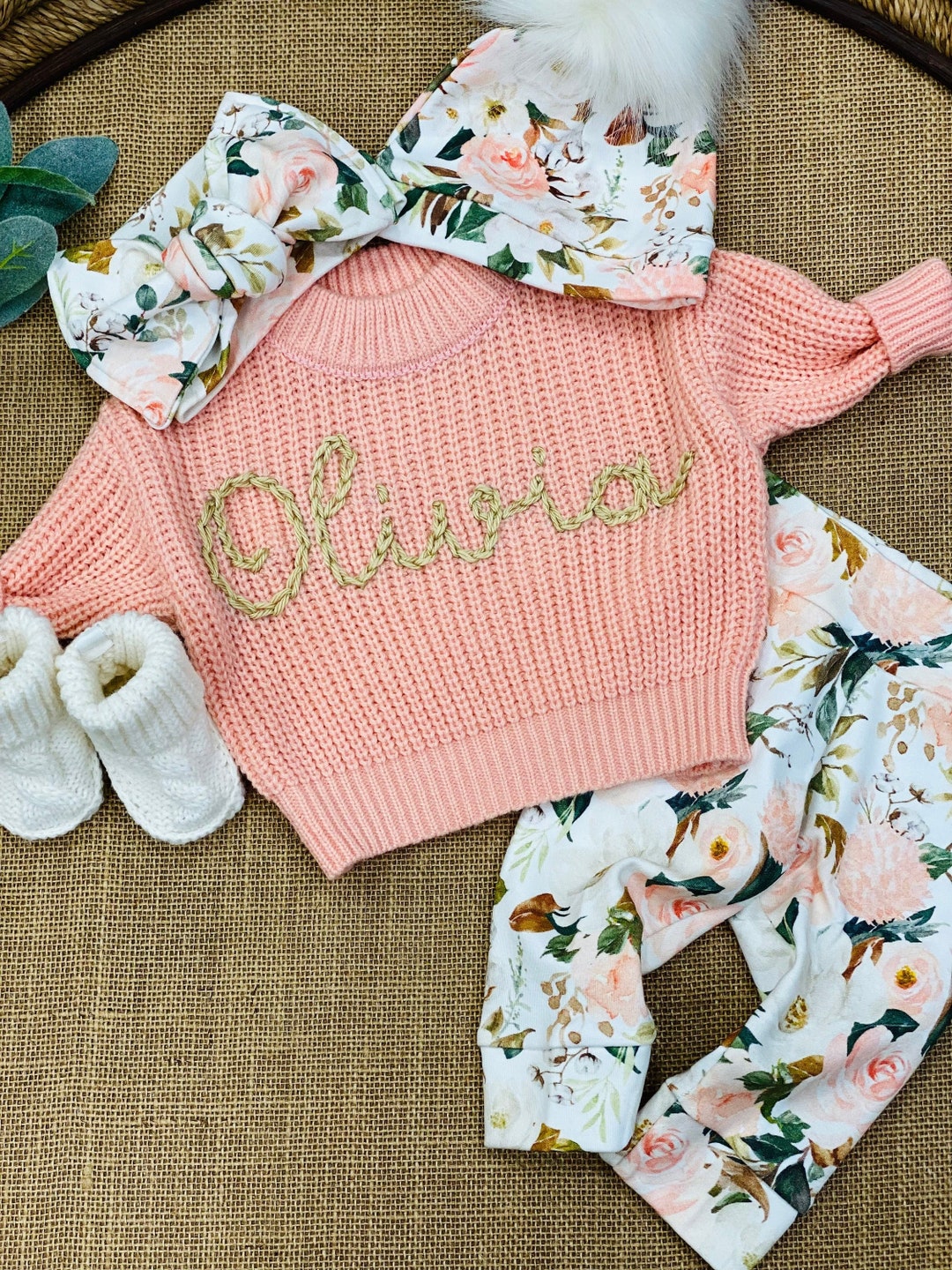 Personalized Newborn Baby Girl Outfit: Embroidered Name Sweater, Knit ...