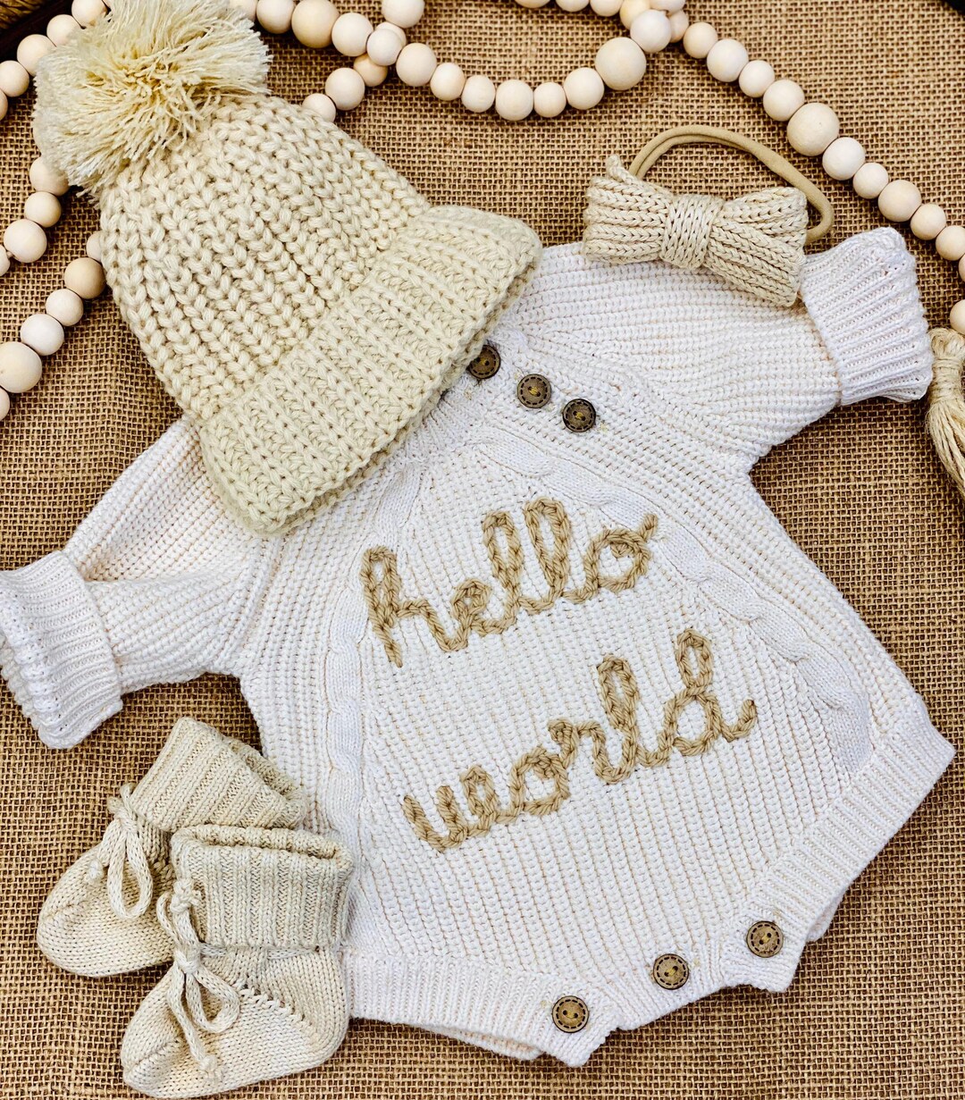 Embroidered "hello World" Newborn Baby Outfit: Knit Romper, Hat ...