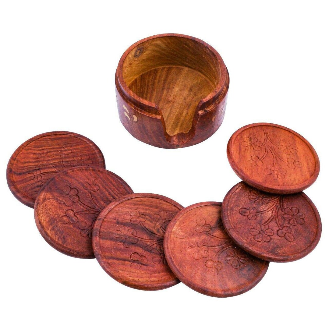Wooden/bamboo Coasters Set With Holder of 6pcs Round/sqaure - Etsy