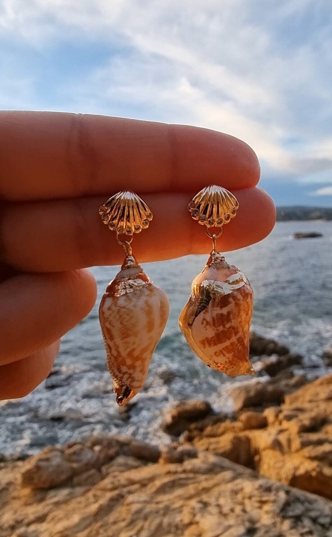 Gold Dangle Margined Conch Shell and Gold Seashell, Gift for Her ...