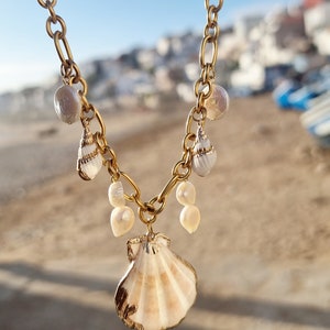 Chunky Gold Mermaid Necklace With Real Shell Pendants, Freshwater Pearl ...