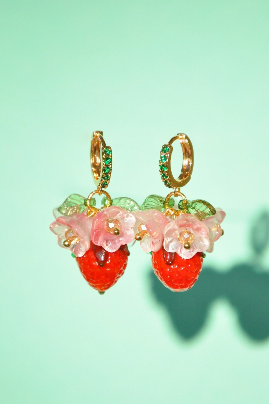 Flower and Strawberry Hoop Earrings, Glass Strawberry Drop Earrings ...