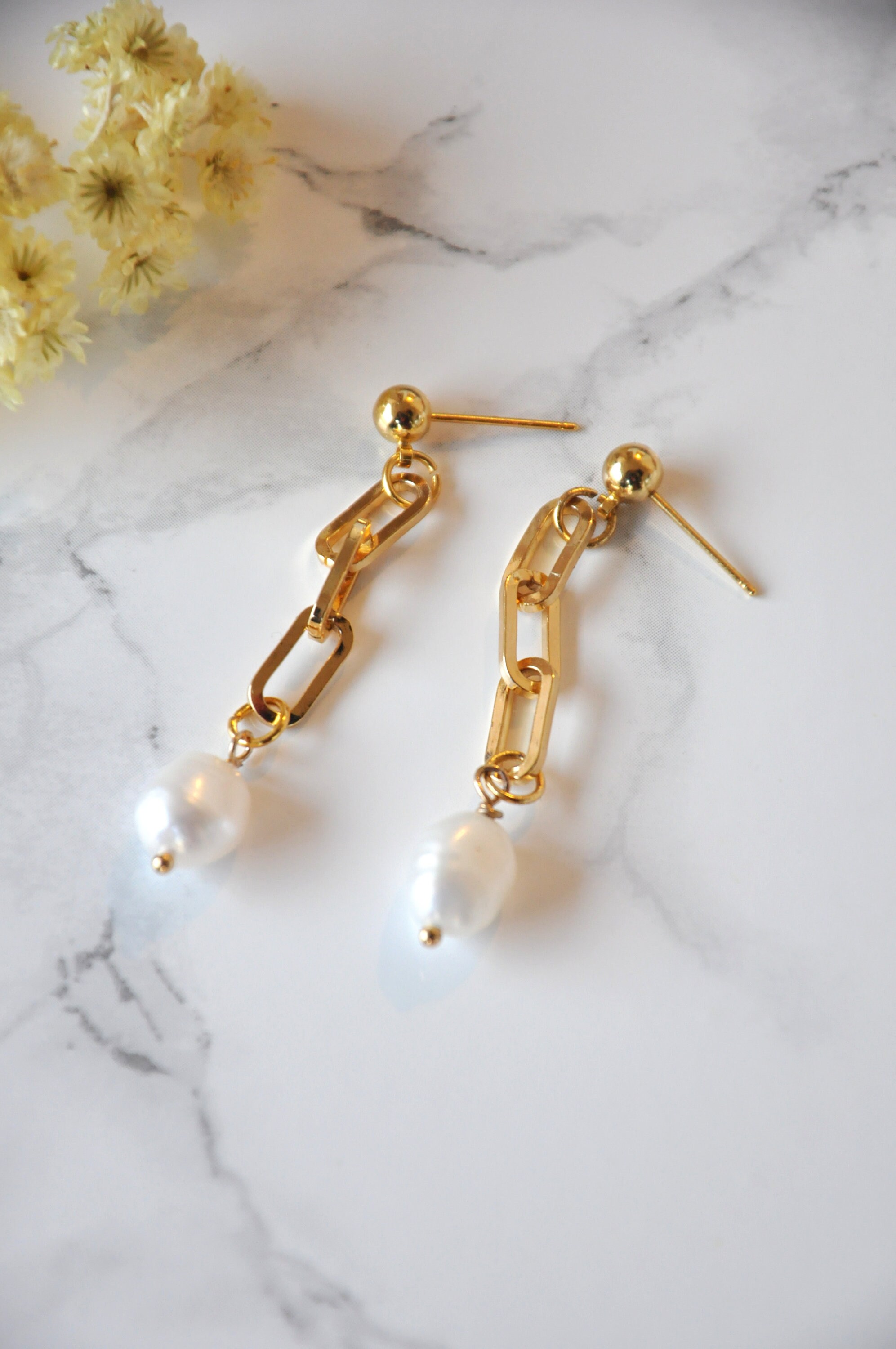 Gold Chain fresh water pearl Earring Pearl Dangle Earrings | Etsy