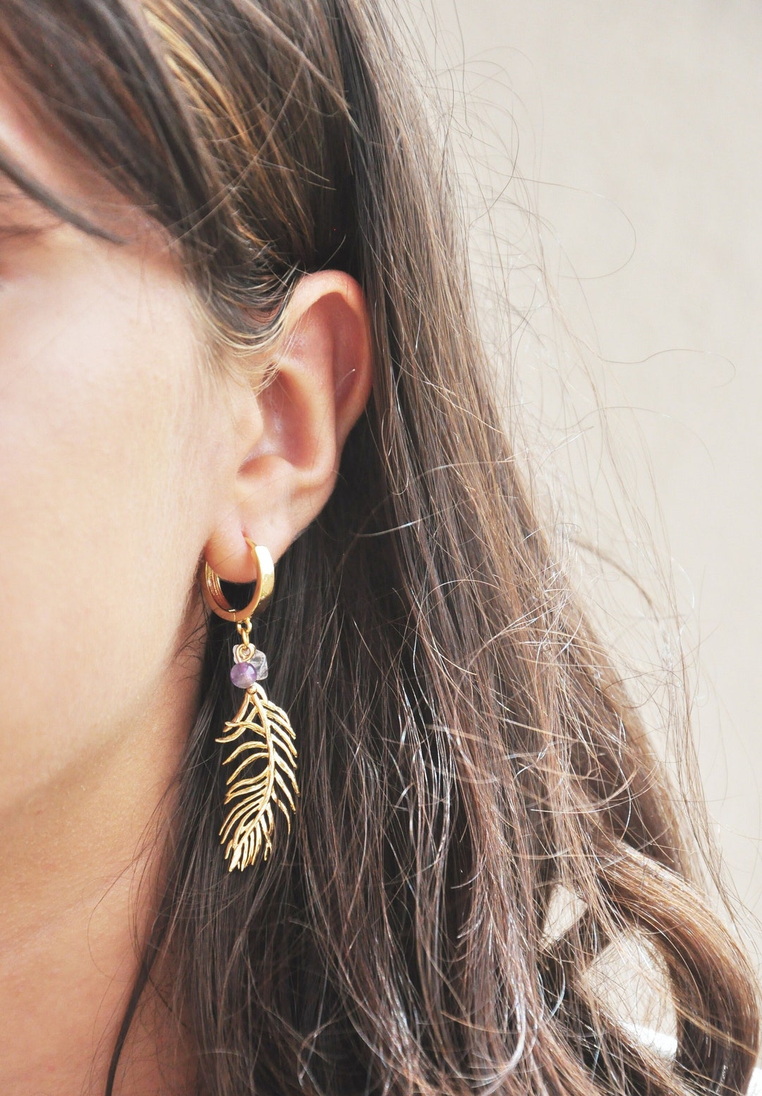 Angel Feather Gold Hoop Earrings With Amethyst and Pink Quartz, 18k ...