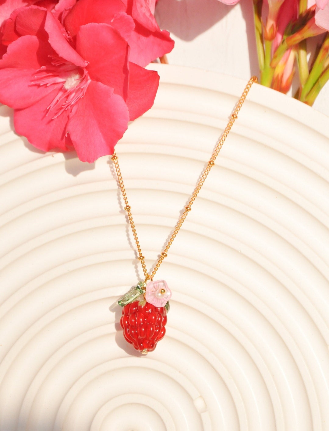 Red Raspberry Crystal Necklace, Glass Raspberry Necklace, Food Necklace ...