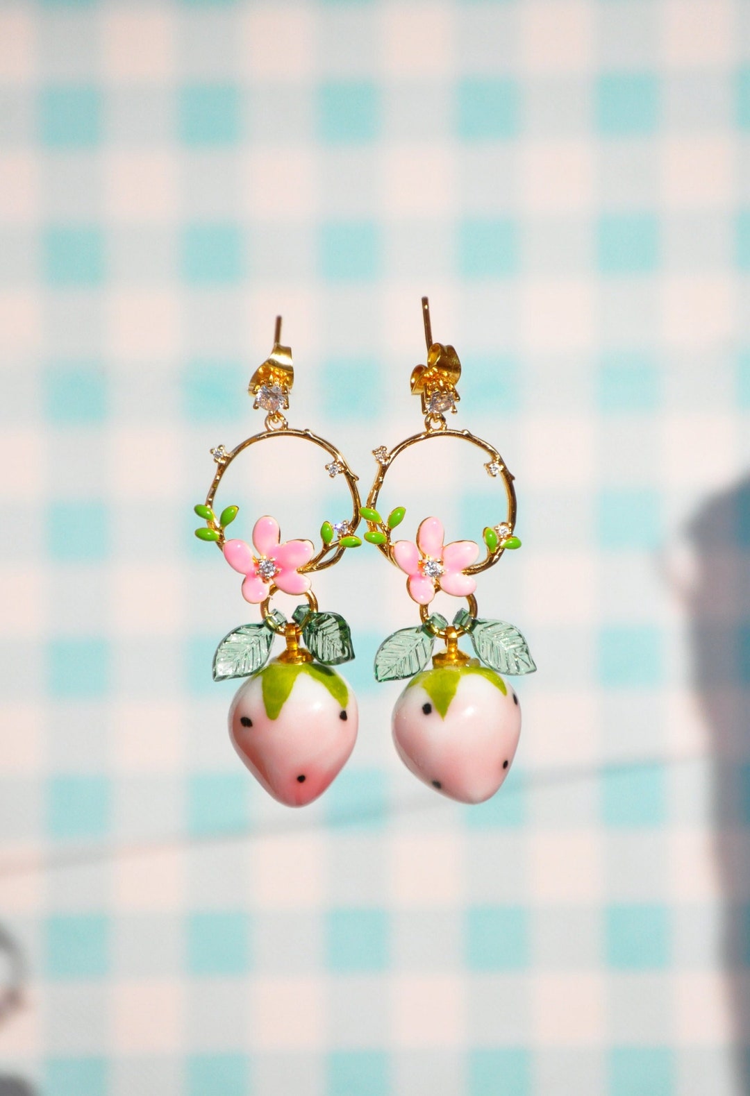 Pink Strawberry Gold Earrings, Drop Flowers Crown Earrings, Food ...