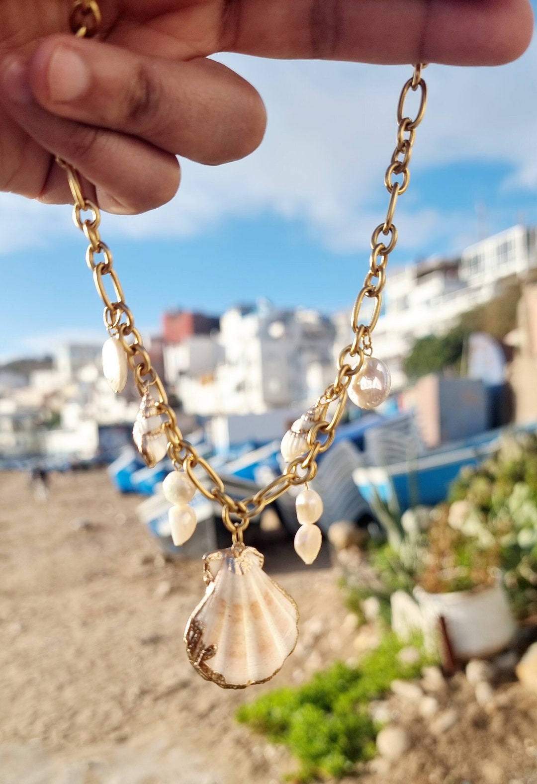 Chunky Gold Mermaid Necklace With Real Shell Pendants, Freshwater Pearl ...