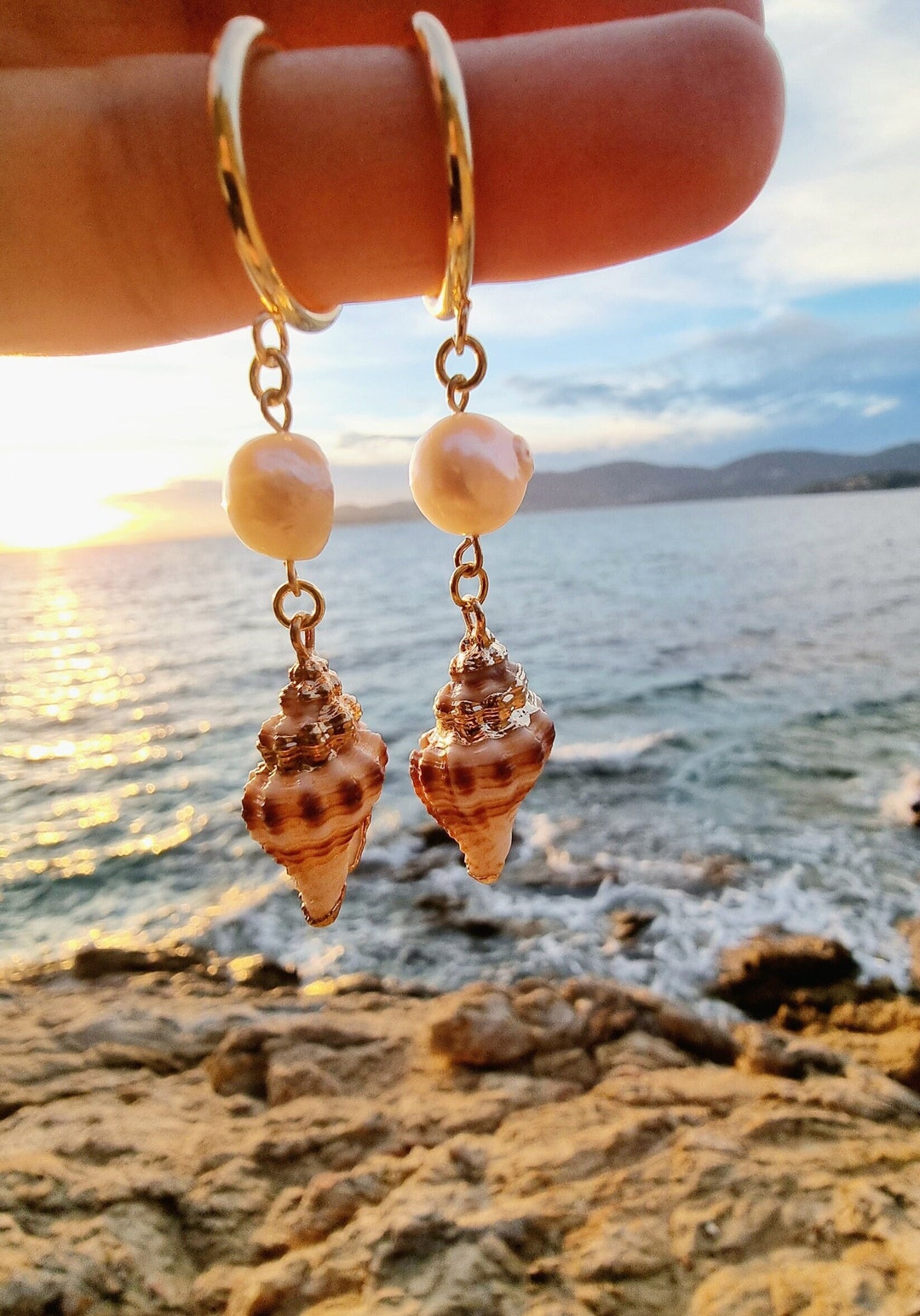 Gold Dangle Shellfish Whelk Pearl Hoop Earrings, 18k Gold Filled Hoop ...